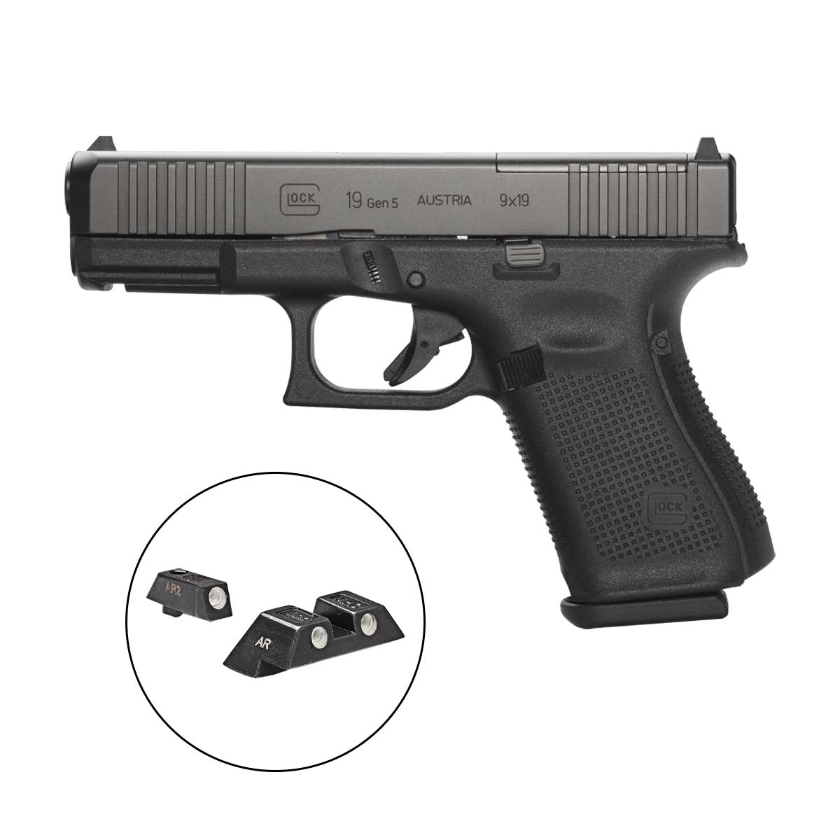GLOCK 19 GEN5 9MM PISTOL BLACK, FRONT SERRATIONS,